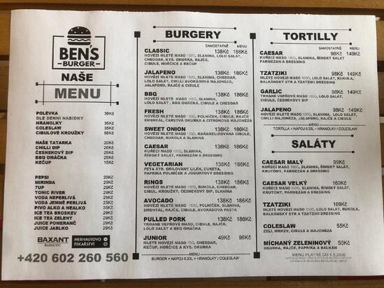 Menu at Ben's Burger restaurant, Benátky nad Jizerou