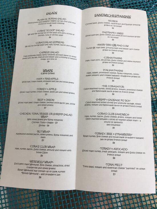 Menu at CORAS ISLE-END DELI restaurant, Topsail Beach
