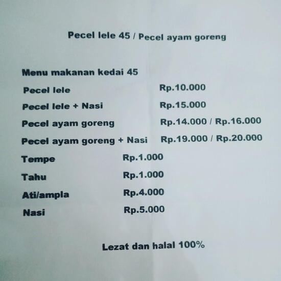 Menu at Pecel lele 45 pecel ayam goreng restaurant, Cogreg