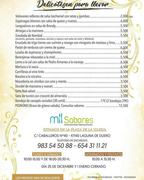 Carta del restaurante Mil Sabores Laguna del Duero, Laguna del Duero