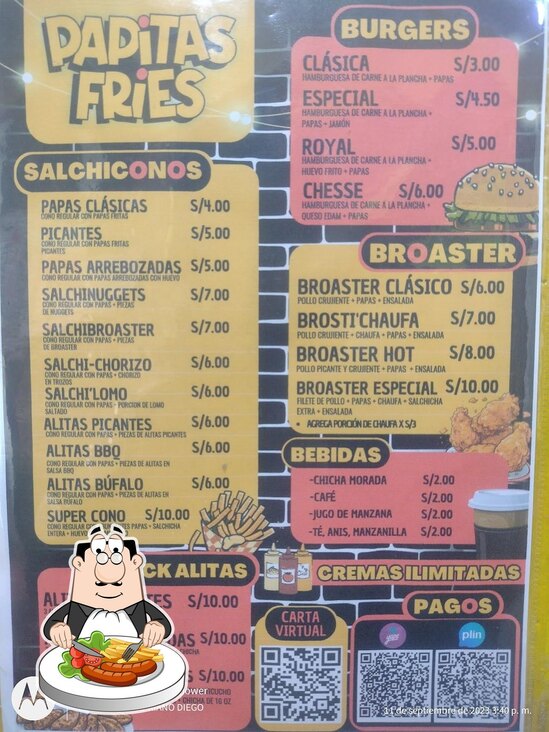 Menu at Papitas Fries restaurant, Cerro de Pasco
