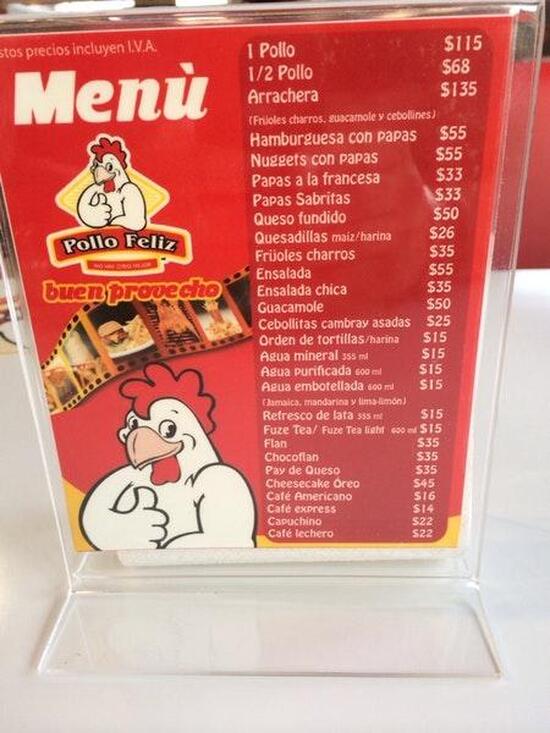 Carta del restaurante Pollo Feliz Itzaes, Merida, Av. Itzáes 265 Colonia