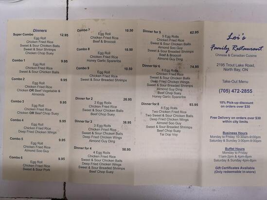 Menu at Loi's Restaurant, North Bay