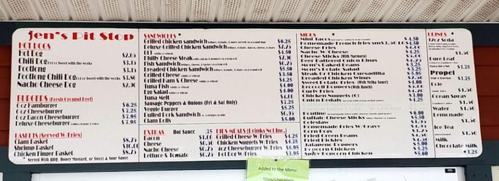 Menu at Jen's Pit Stop fast food, Granville
