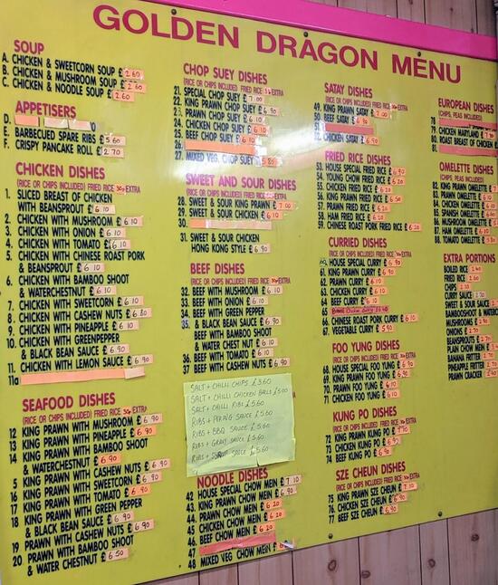 Menu at The Golden Dragon fast food, Greenock