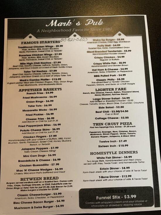 Menu at Marks Pub, Indianapolis