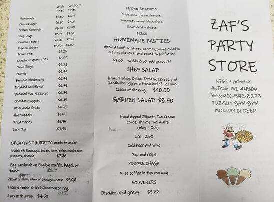 Menu at Zaf's Party Store restaurant, Au Train