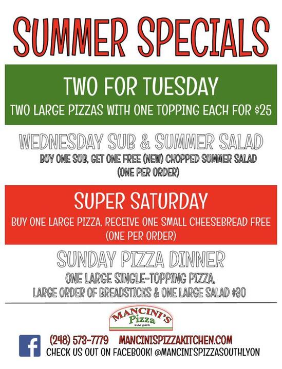 Menu at Mancini's Kitchen pizzeria, South Lyon