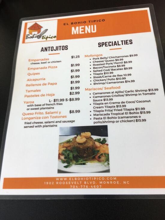 Menu at Bohio Tipico restaurant, Monroe