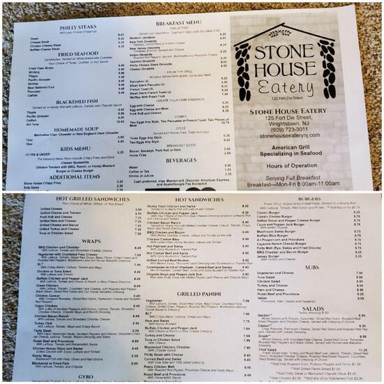 Menu at Stone House Eatery restaurant, Wrightstown