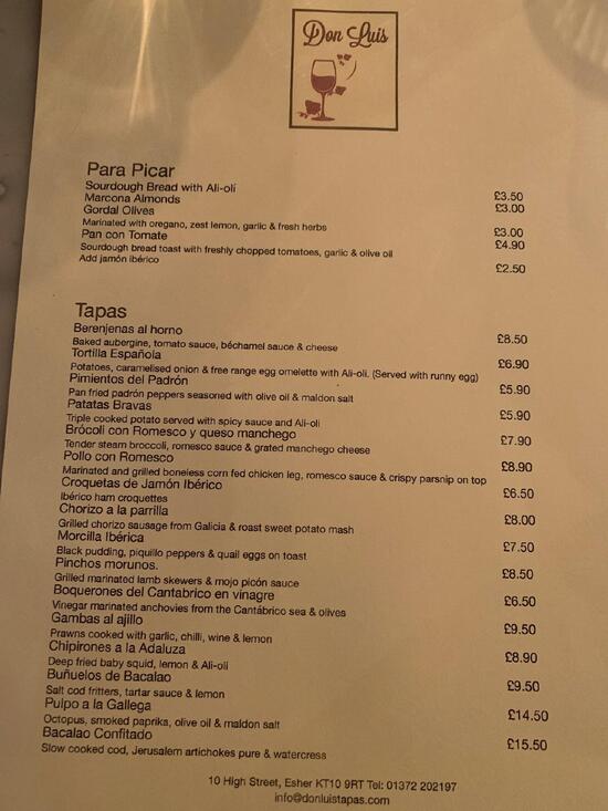 Menu at Don Luis restaurant, Esher