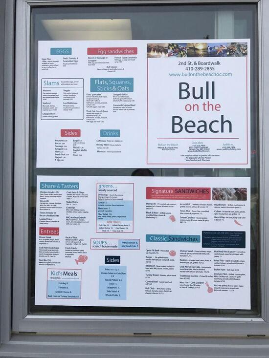 Menu at Bull on the Beach pub & bar, Ocean City, 208 Atlantic Ave