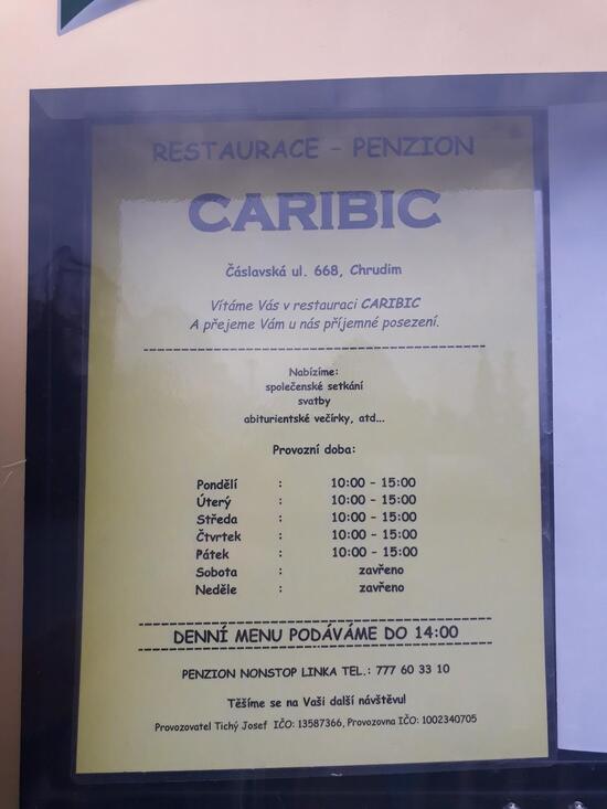 Menu at Caribic restaurant, Chrudim