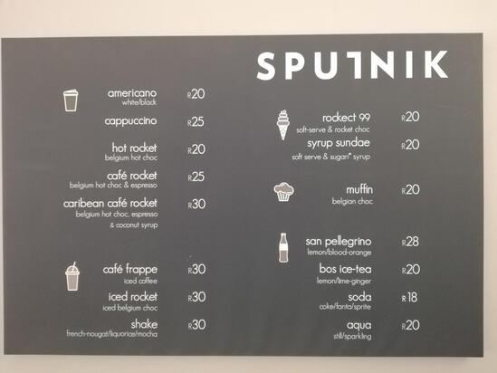 Menu at SputnikNM cafe, Benoni