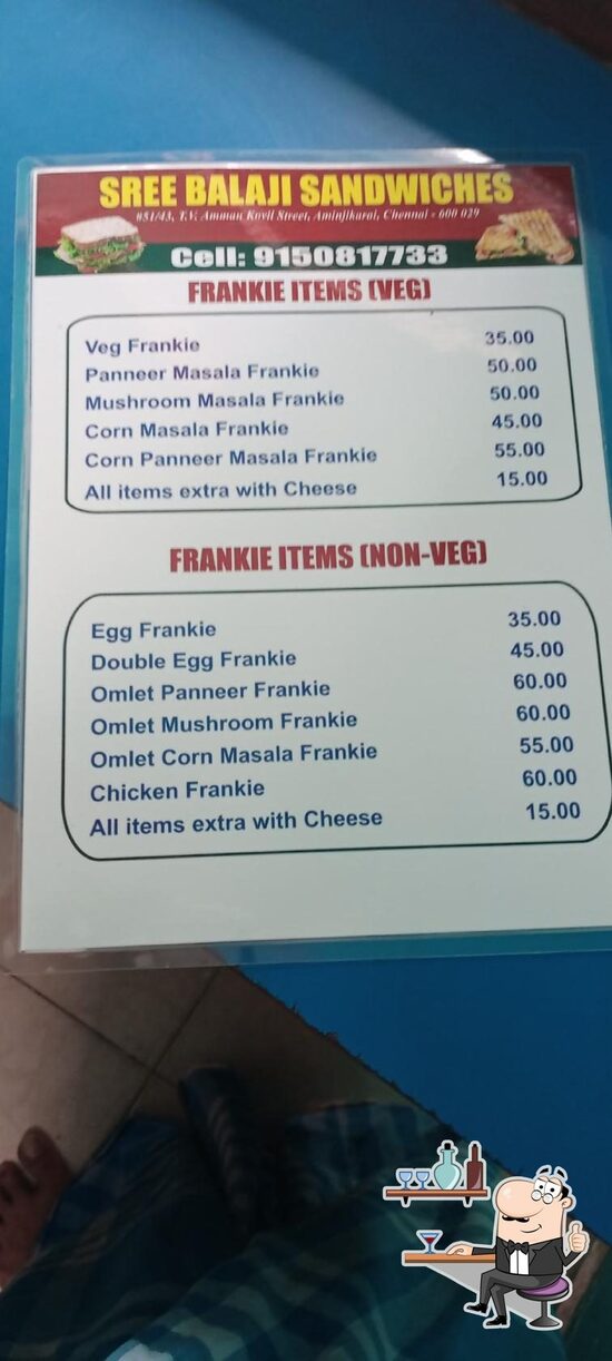 Menu at Sri Balaji Sandwiches, Chennai