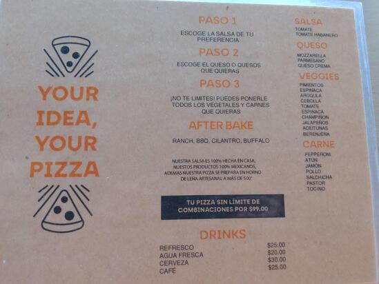 Menu at The Picza Lab restaurant, Jesús María