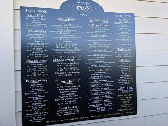Menu at Talia Espresso Elkin Drive-Thru, Elkin