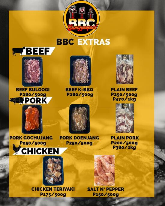 Menu at BBC Samgyeopsal restaurant, Silang