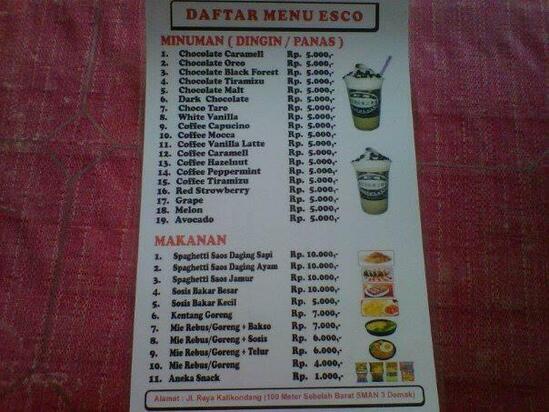 Menu at ESCO cafe, Demak