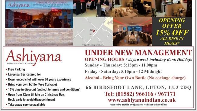Menu at Ashiyana restaurant, Luton