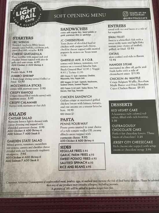 Menu at Rail Cafe, Jersey City