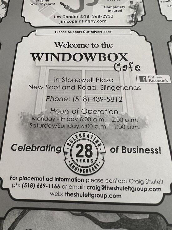 Carta de Windowbox Cafe Bob & Linda's, Slingerlands