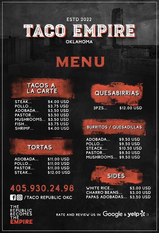 Menu at Taco Empire-FOODTRUCK restaurant, The Village