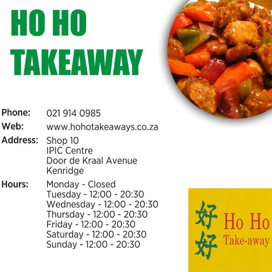 Menu at Ho Ho Take Aways restaurant, Cape Town