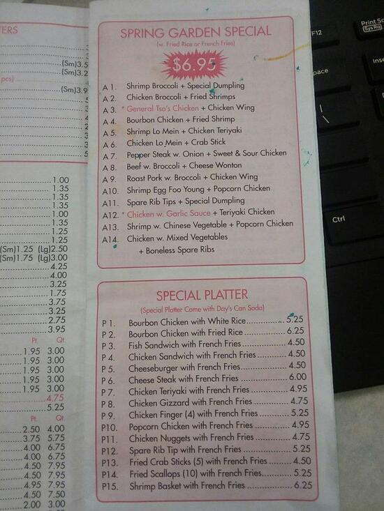Menu at Spring Garden restaurant, Philadelphia, 144 S 57th St