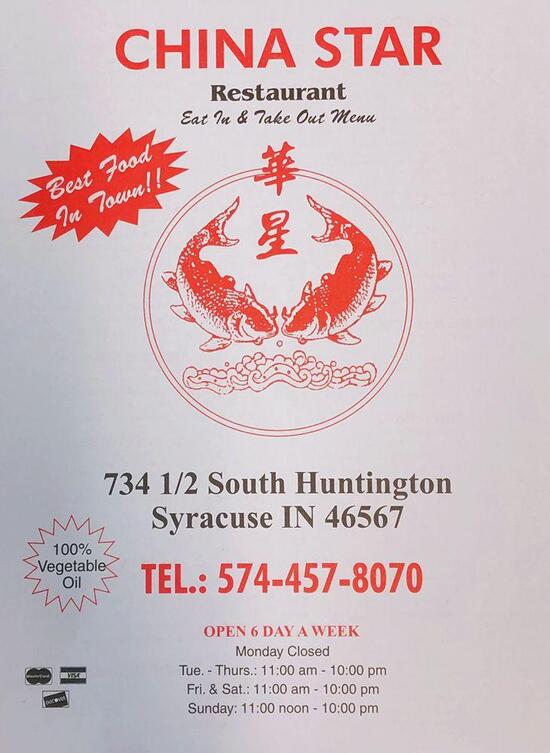 Menu at China Star restaurant, Syracuse
