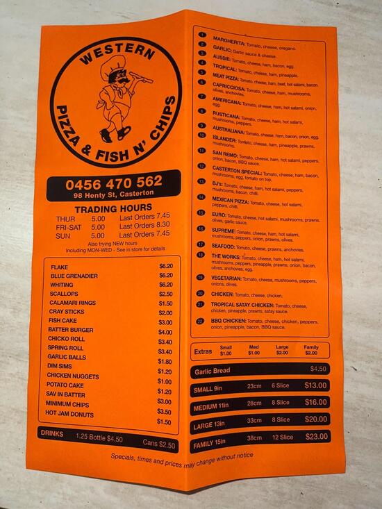 Menu at western pizza & fish n chips pizzeria, Casterton