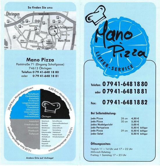 Speisekarte von Mano Pizza, Öhringen
