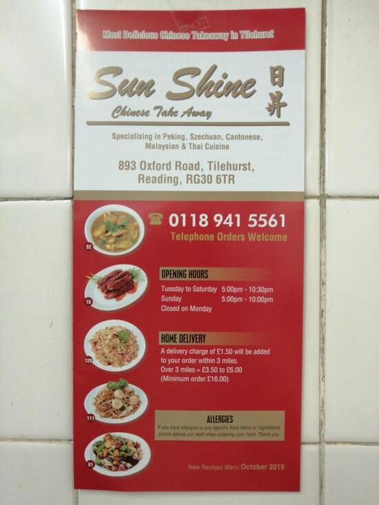 Menu at Sunshine restaurant, Reading