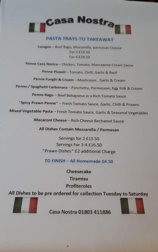 Menu at Casa Nostra Italian restaurant, Brixham