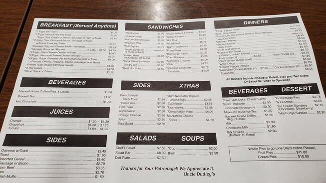 Menu at Uncle Dudley's Restaurant, Willard