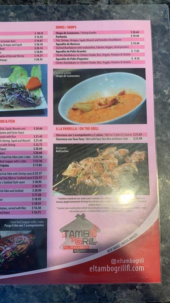 Menu at El Tambo Grill restaurant, Miami