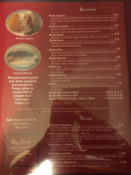 Carta de El Rio Mexican Restaurant, Moulton