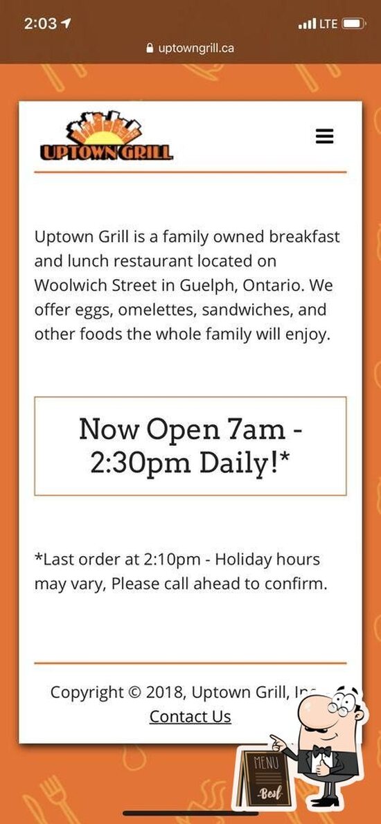Menu at Uptown Grill restaurant, Guelph