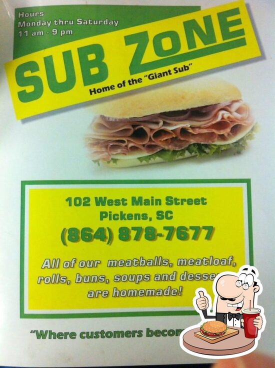 Menu at Sub Zone restaurant, Pickens