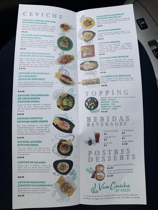 Menu at Viva Ceviche restaurant, New York City