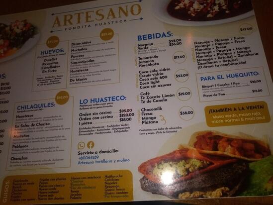 Menu at Artesano, Ciudad Valles