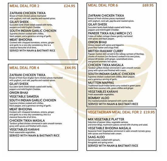 Menu at Spice Moghuls, Milton Keynes