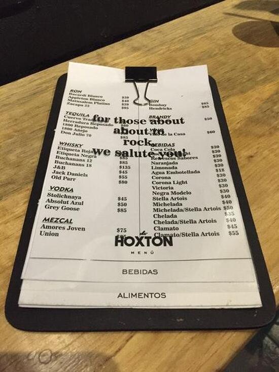 Menu at The Hoxton restaurant, Coatzacoalcos
