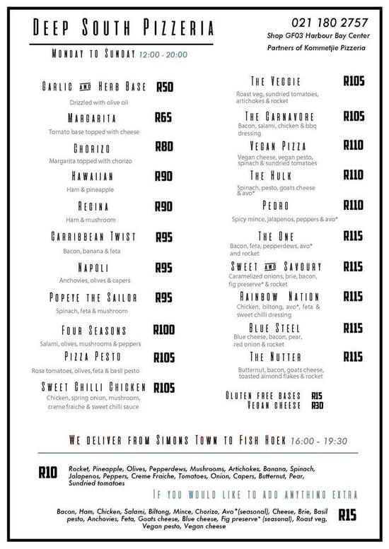Menu at Deep South Pizzeria, Cape Town