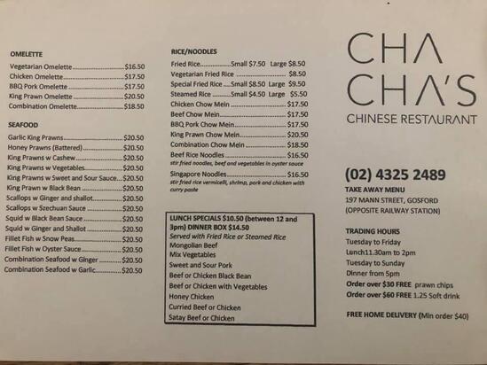 Menu at Cha Cha's Chinese Restaurant, Gosford