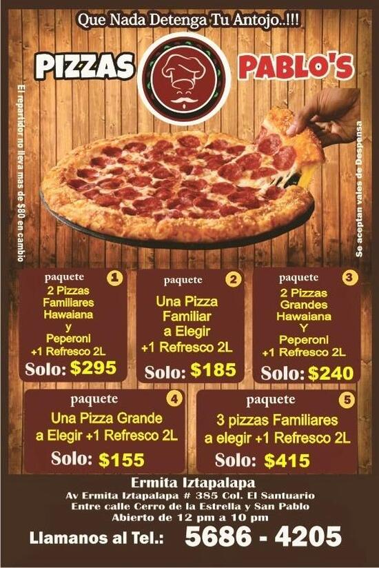 Menu at Pizzas Pablo's restaurant, Mexico