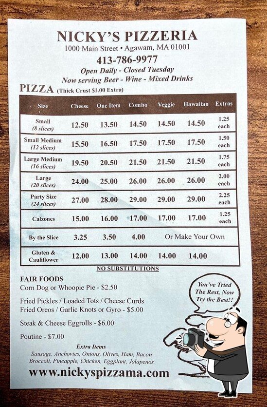 Menu at Nicky's Pizza pizzeria, Agawam
