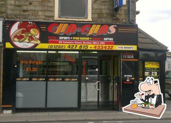Menu at Cha-Chas fast food, Burnley