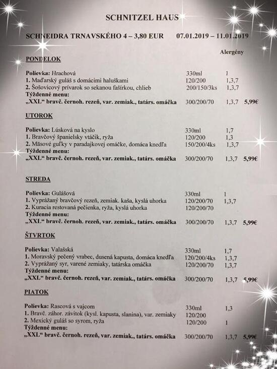 Menu at Schnitzel Haus restaurant, Bratislava