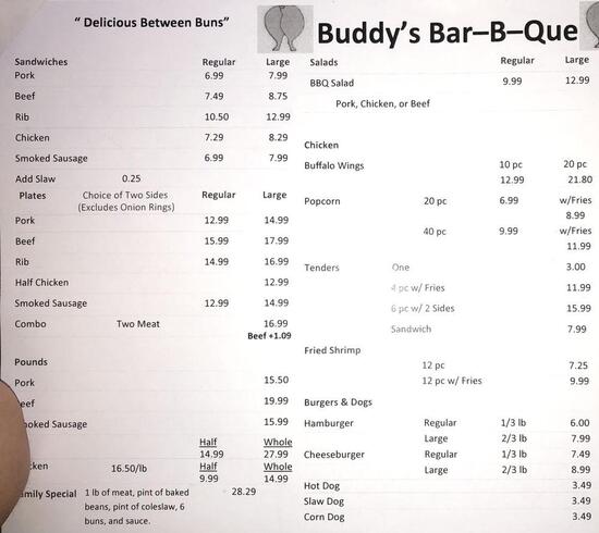 Menu at Buddy's Bar-B-Que, Alabaster, 411 1st St N